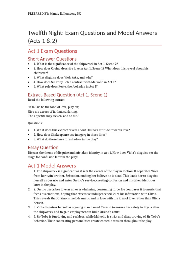 Twelfth Night Exam Questions and Answers | PDF | Twelfth Night