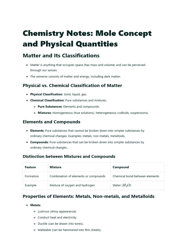 Chemistry Notes - Mole Concept and Physical Quantities | PDF | Chemical ...