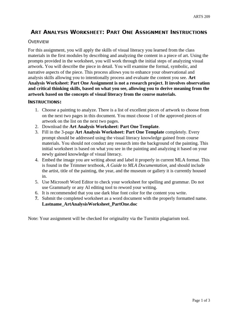 Art Analysis Worksheet Part One Assignment Instructions | PDF | Still ...