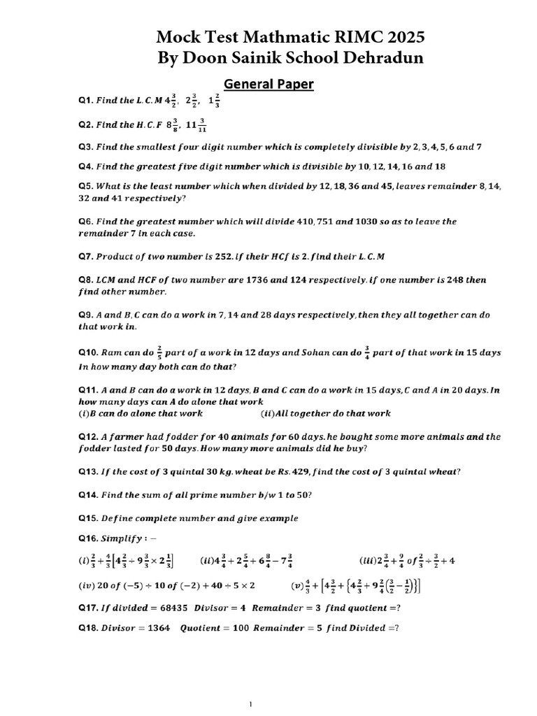 Maths RIMC Paper by Doon Sainik School | PDF