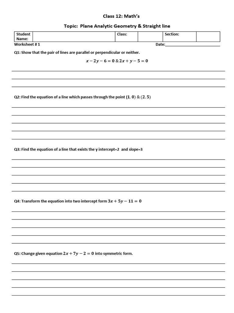 Class 12 Math: Plane Geometry Worksheet | PDF