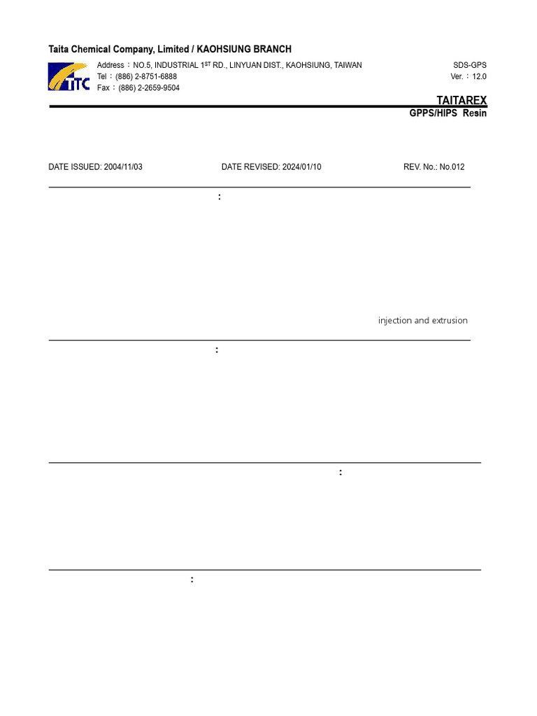 Taita Chemical GPPS Safety Data Sheet | PDF | Firefighting | Water