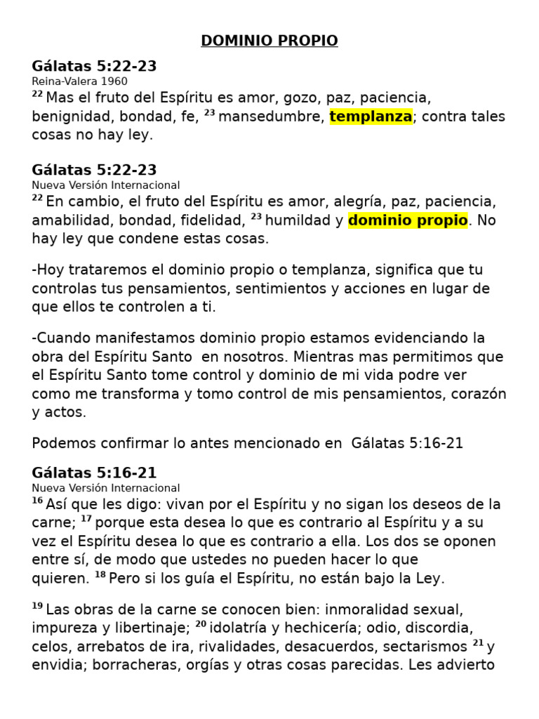 Dominio Propio según Gálatas 5:22-23 | PDF | Fruto Del Espiritu Santo ...