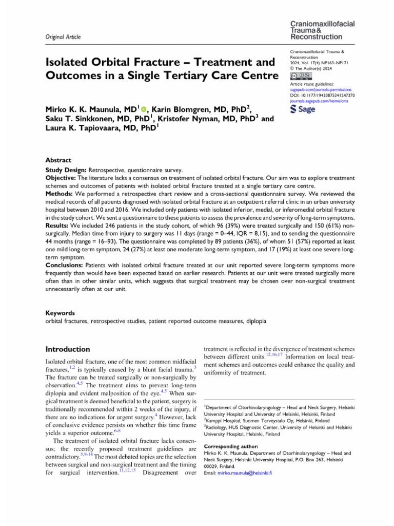 Isolated Orbital Fracture - Treatment and Outcomes in A Single Tertiary ...