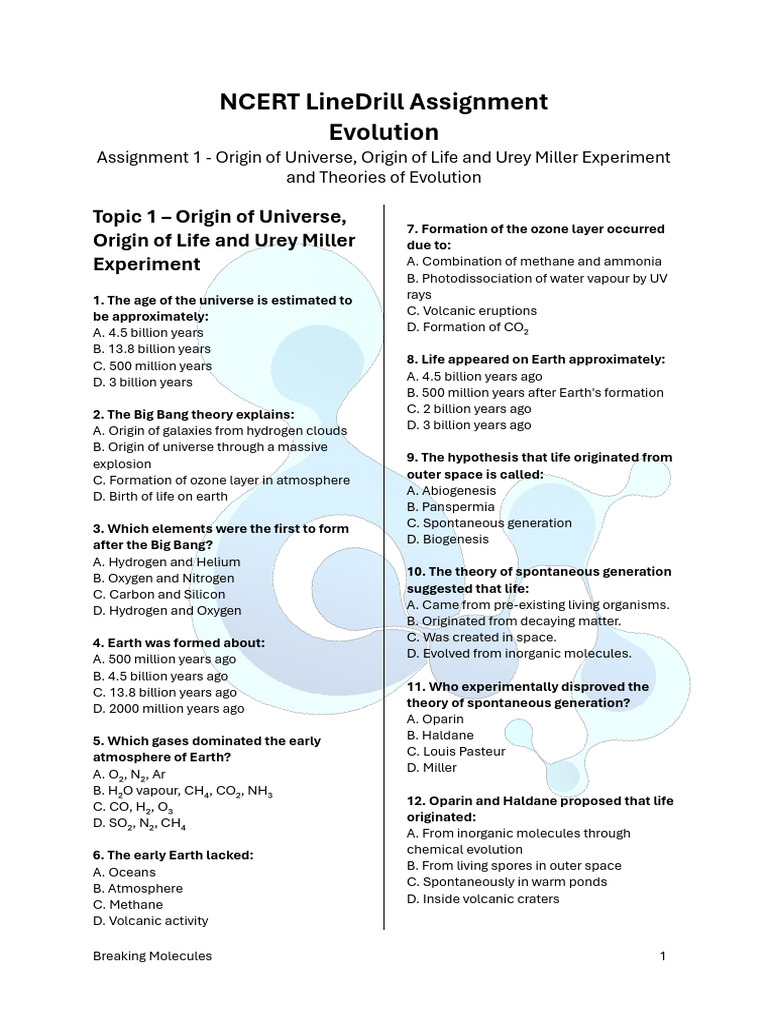 NCERT LineDrill Assignment 1 - Evolution | PDF | Natural Selection | Abiogenesis