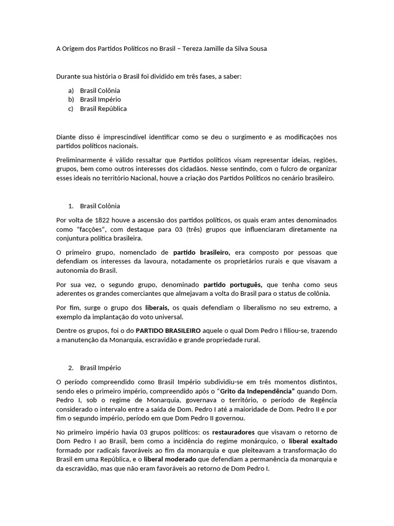 História dos Partidos Políticos no Brasil | PDF | Brasil | Partidos ...