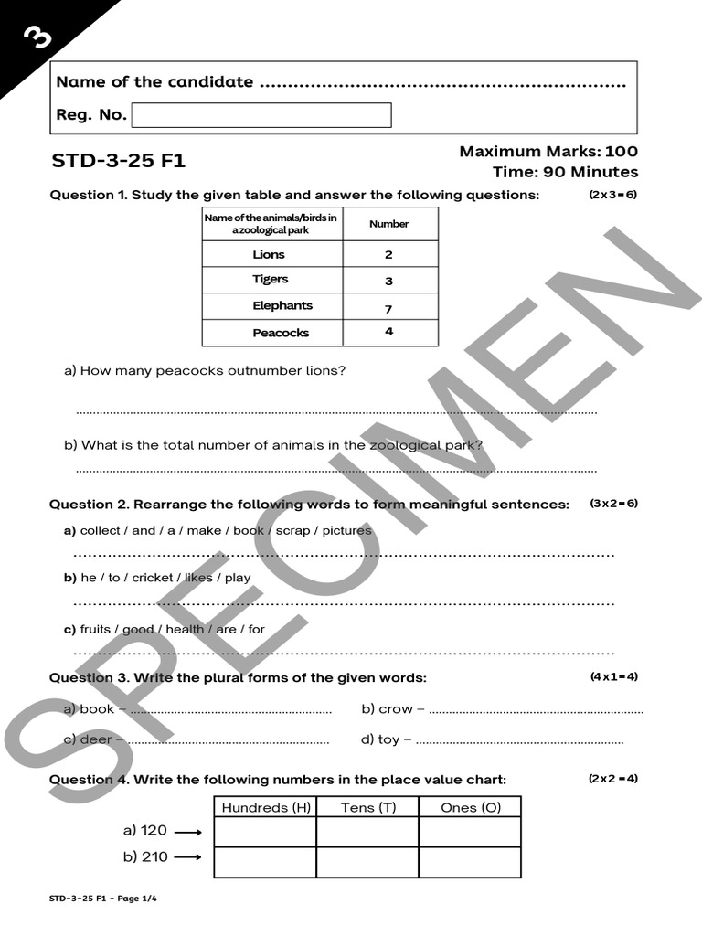 Specimen Question Paper Class 3 2025 - 26 | PDF