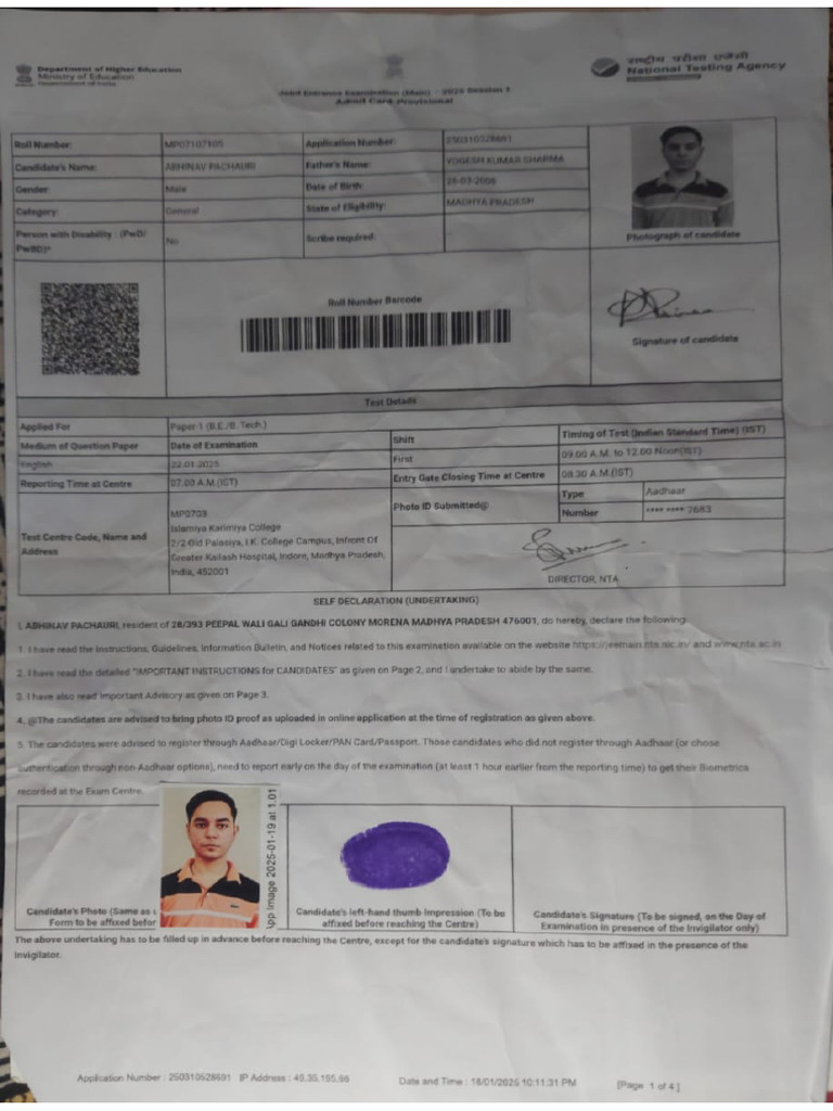 Jee Mains Admit Card | PDF