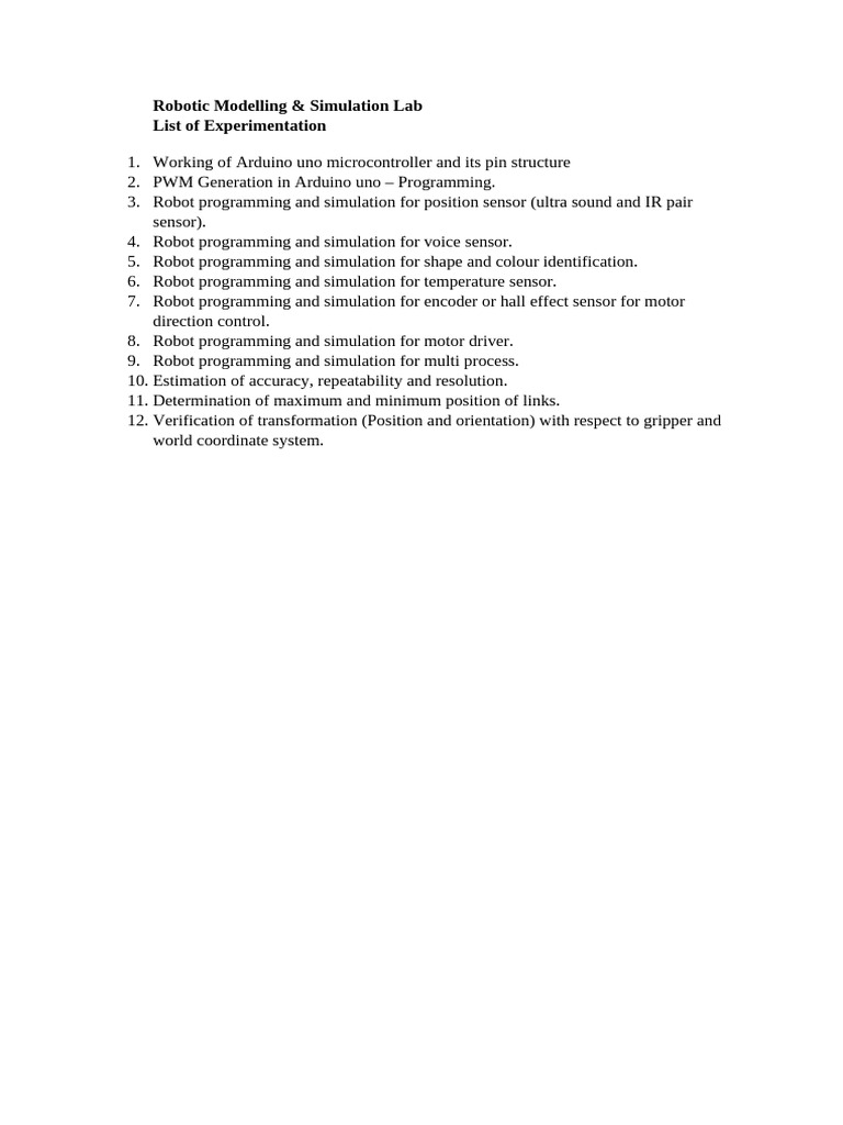 Robotic Modelling Simulation Lab List of Experiments | PDF