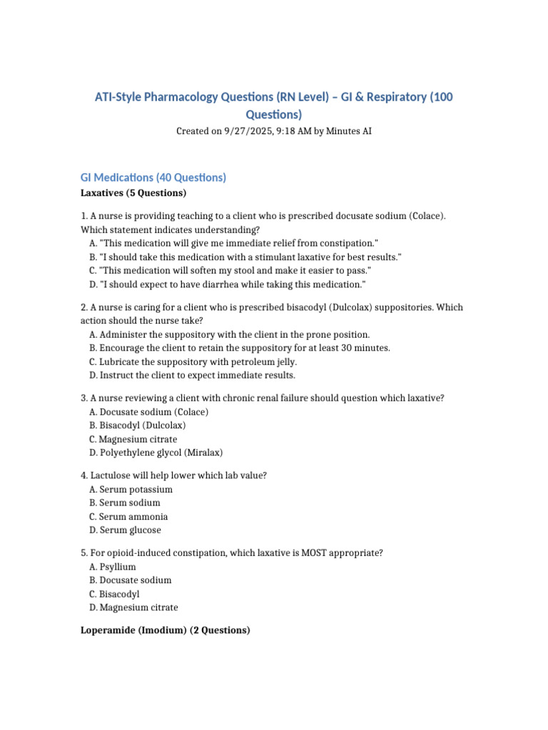 ATI Pharmacology: GI & Respiratory Focus | PDF | Medical Specialties ...