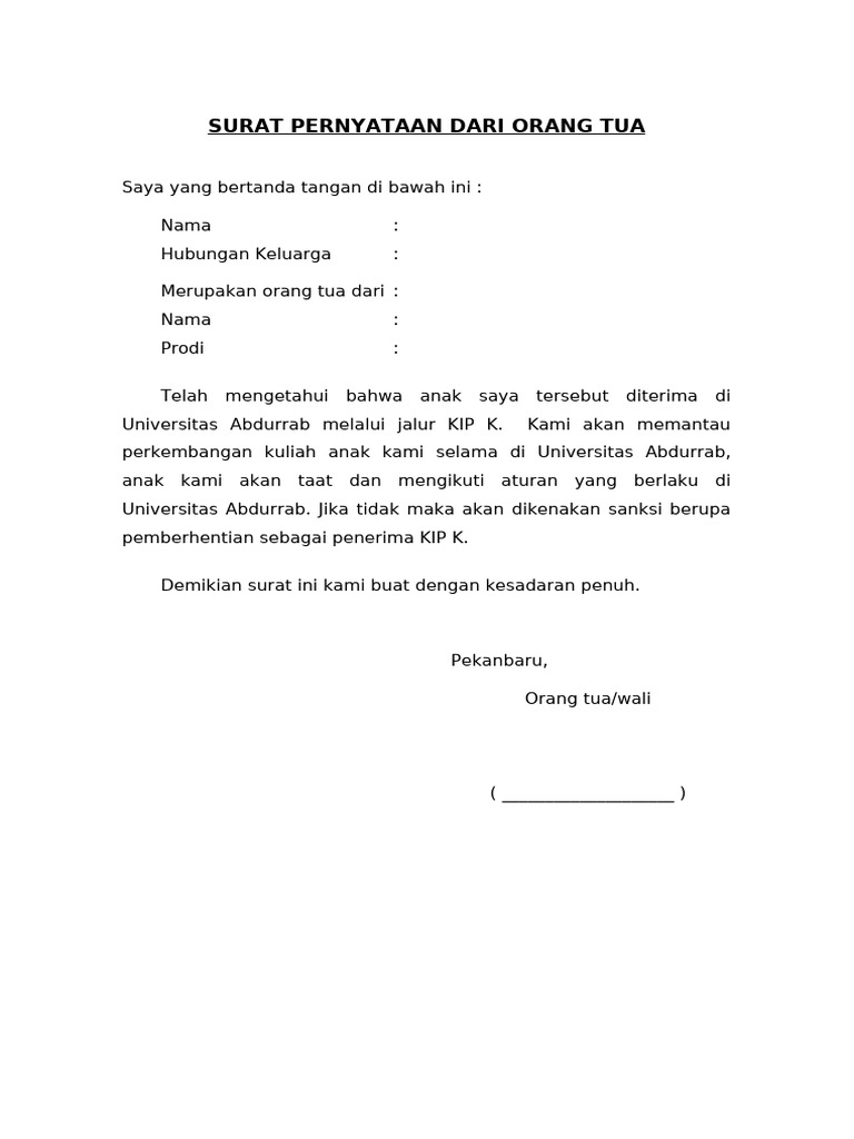 Surat Pernyataan Dari Oran Tua | PDF