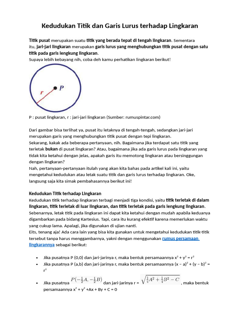 Kedudukan Titik Dan Garis Lurus Terhadap Lingkaran | PDF