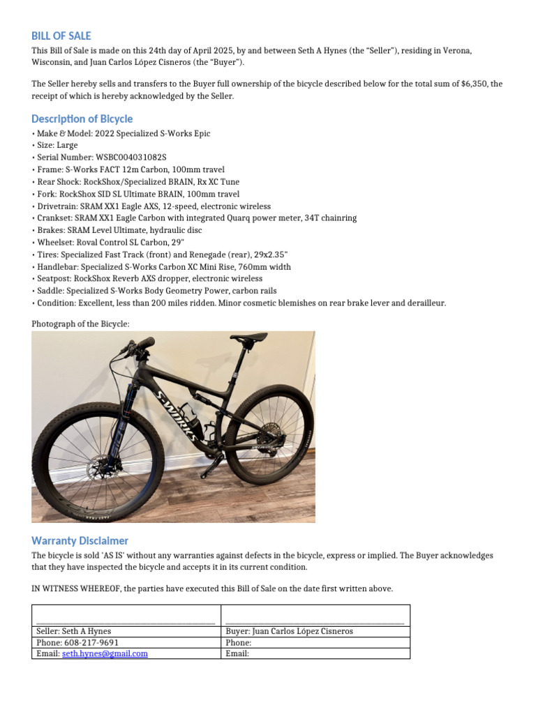 Official Bill of Sale Specialized Epic With Photo 04.24.2025 | PDF
