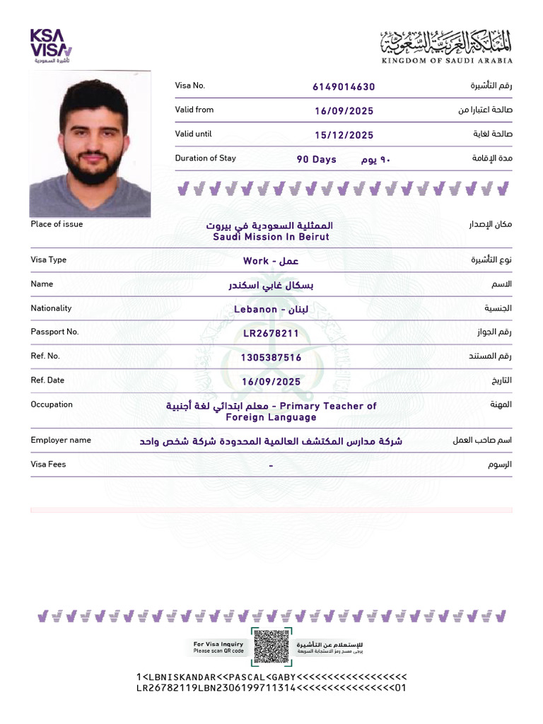 Lebanon Work Visa Details for Gaby | PDF