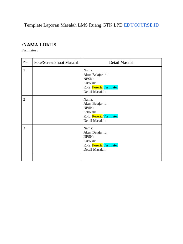 Template Laporan Masalah Lms Ruang Gtk_lpd Educourse.id | PDF