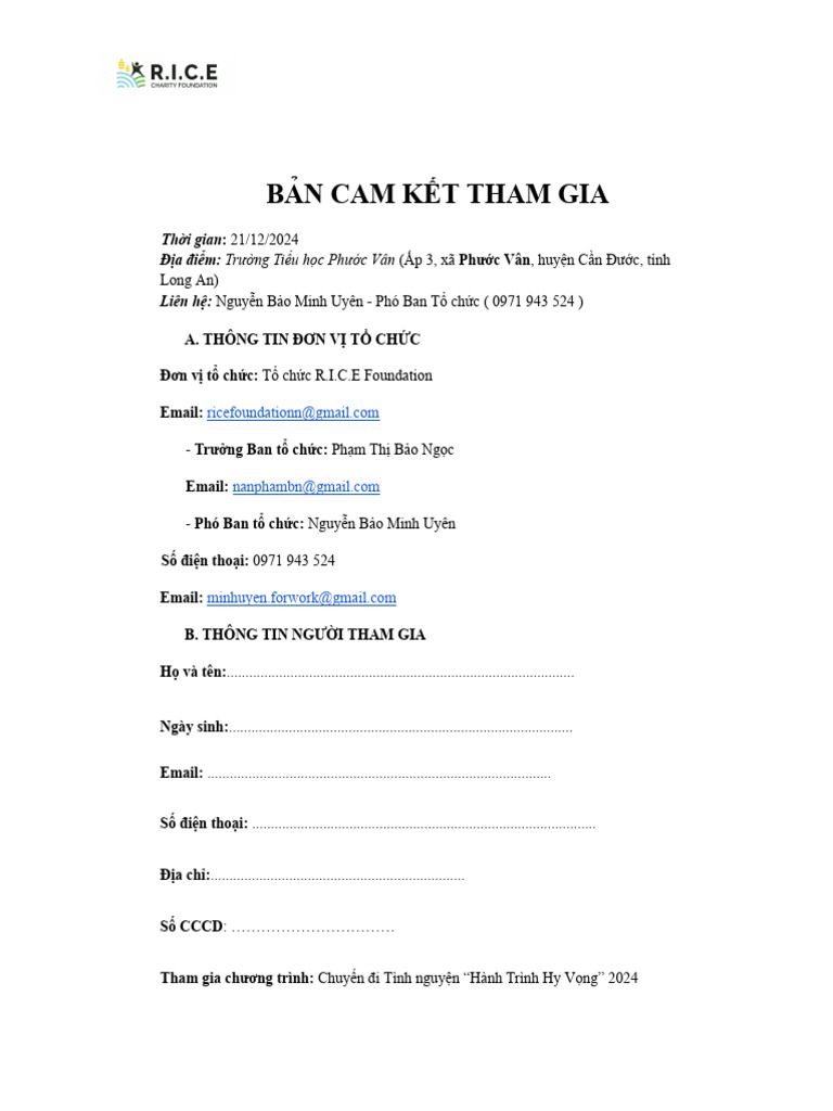 (Sample - Official) Joh'24 - Bản Cam Kết Tham Gia (TNV Dưới 18T) | PDF