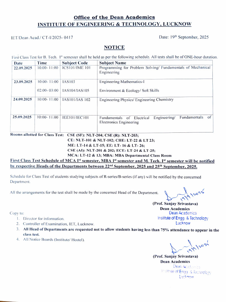 Ist CT Schedule Odd Sem 2025-26 | PDF | Physical Sciences | Engineering