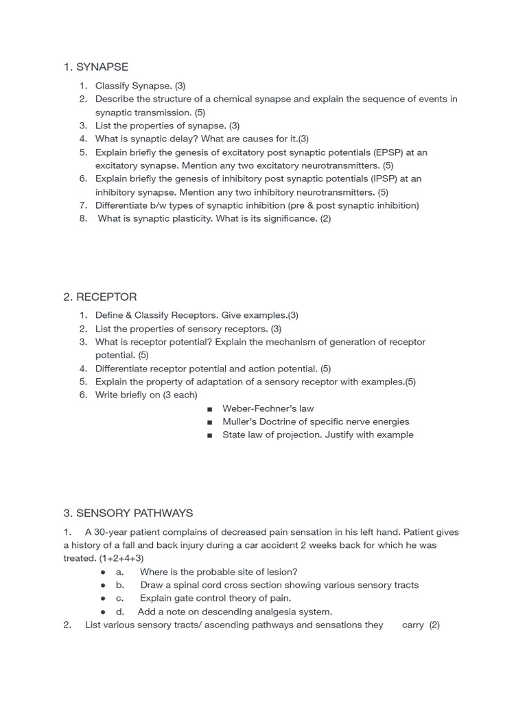 CNS Assignment Questions | PDF | Inhibitory Postsynaptic Potential | Synapse