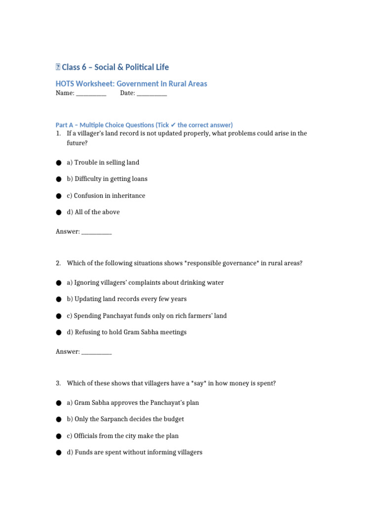 Rural Governance: Class 6 Worksheet | PDF