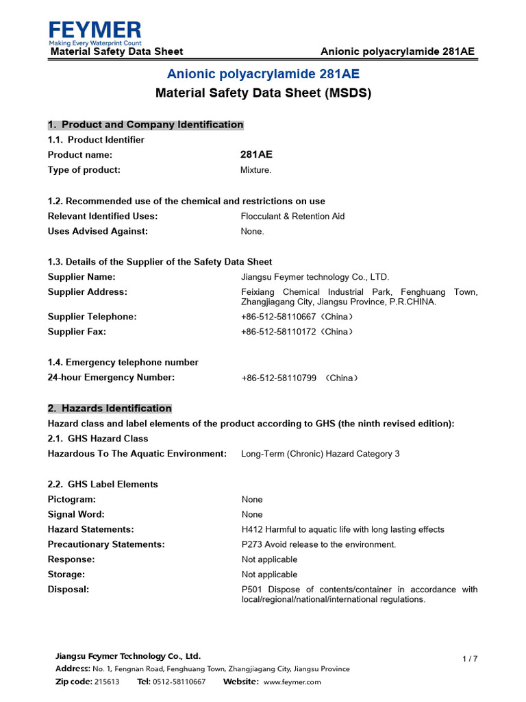 Anionic Polyacrylamide 281AE MSDS | PDF | Dangerous Goods | Toxicity