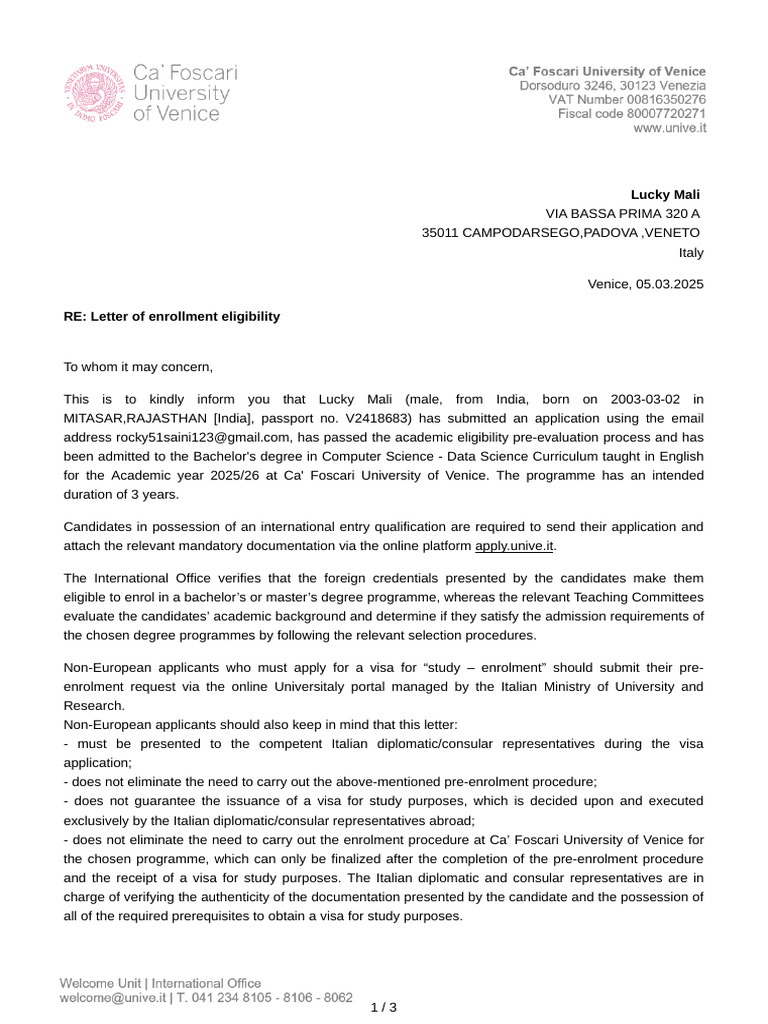 Letter of Enrolment Eligibility (Lucky Mali) (1) | PDF | Travel Visa ...