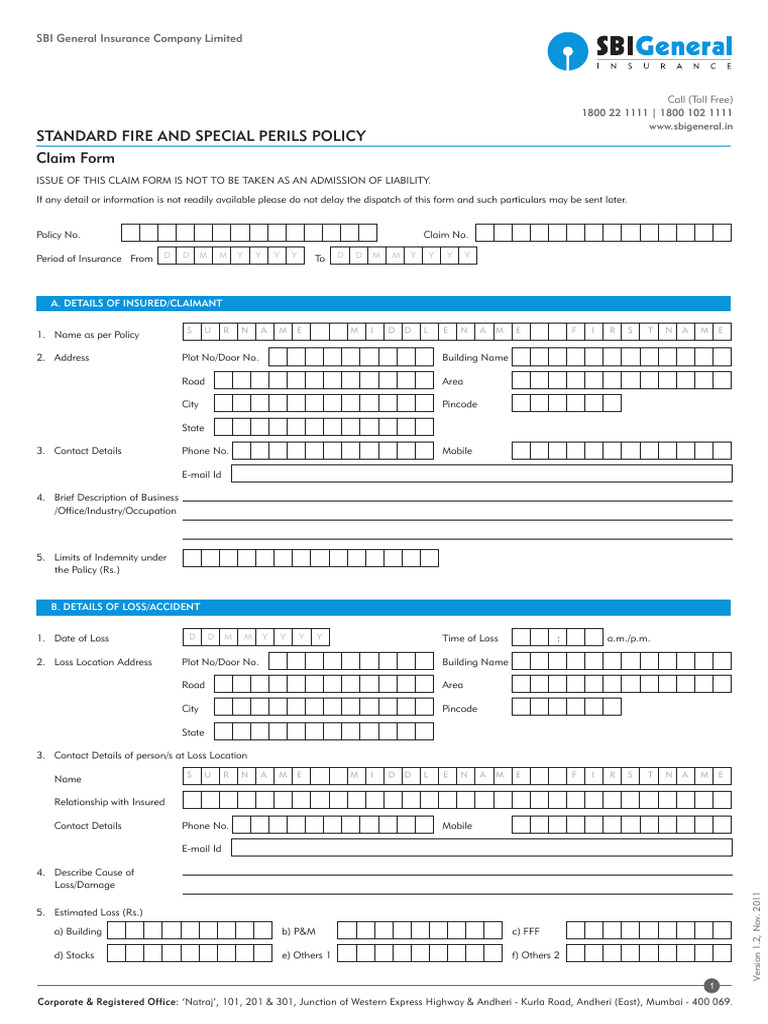Standard Fire Claim Form Template | PDF | Insurance | Common Law