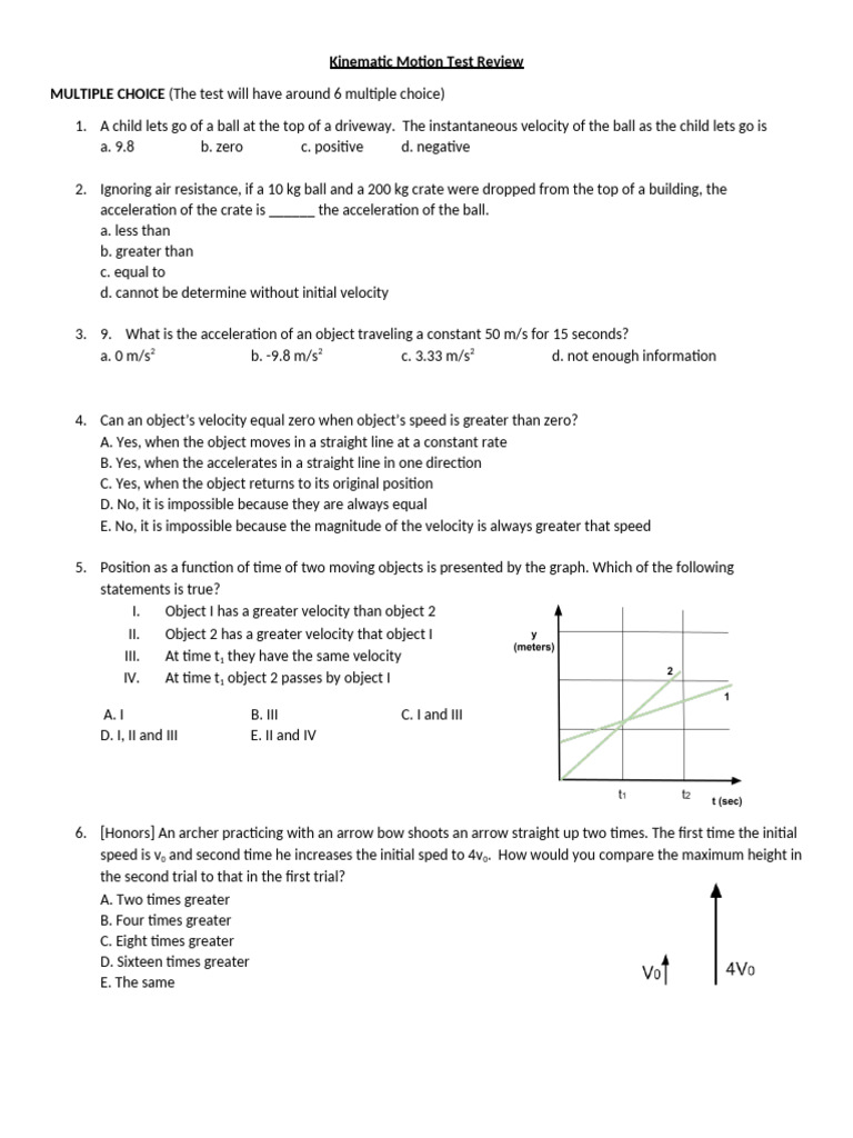 1-D Kinematics Test Bank and Review | PDF | Velocity | Acceleration