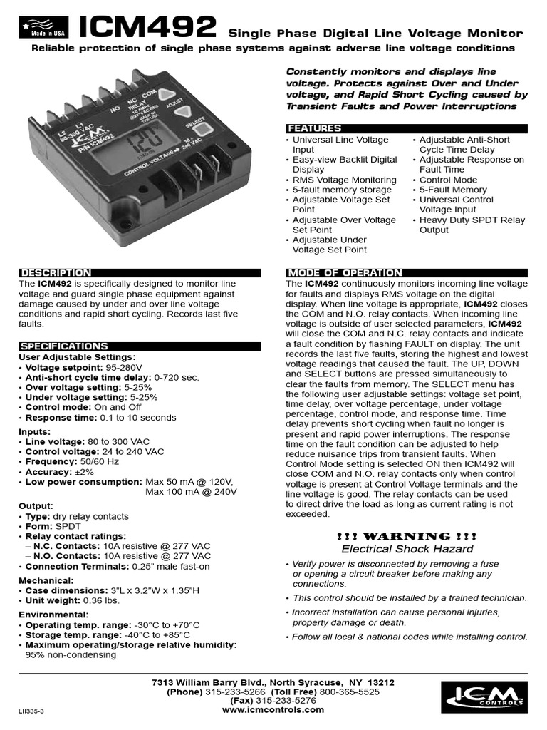 Single Phase Voltage Monitor ICM492 | PDF | Relay | Alternating Current