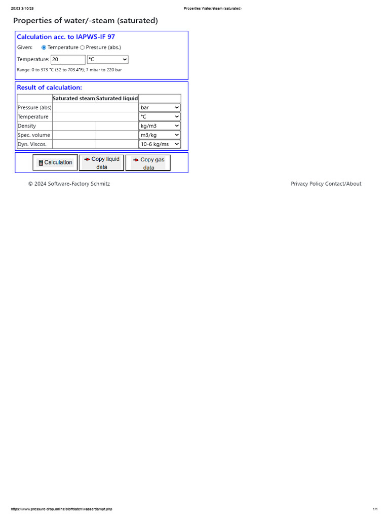 Properties Water - Steam (Saturated) | PDF