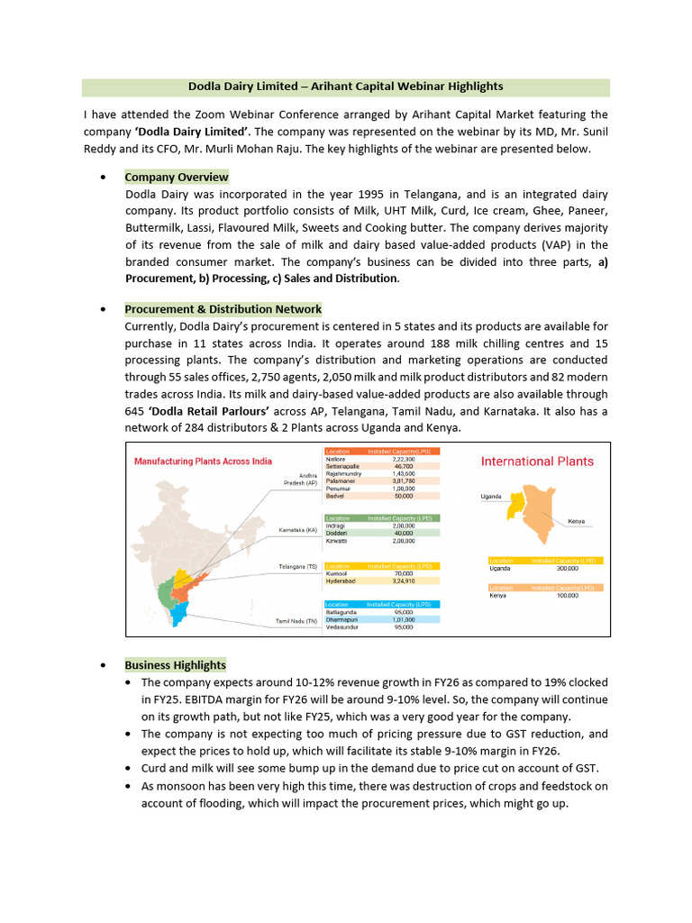 Dodla Dairy - Webinar Highlights | PDF | Dairy | Milk
