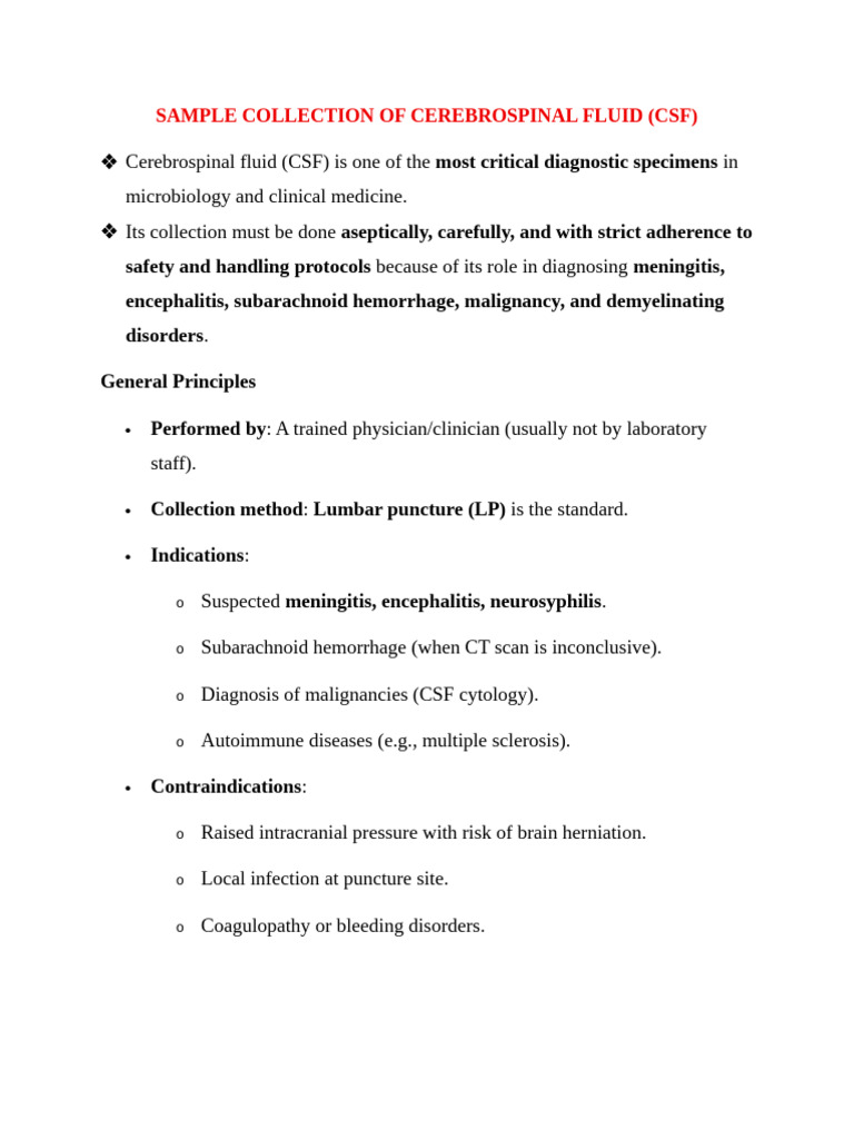CSF Collection Guidelines and Protocols | PDF | Medical Specialties ...