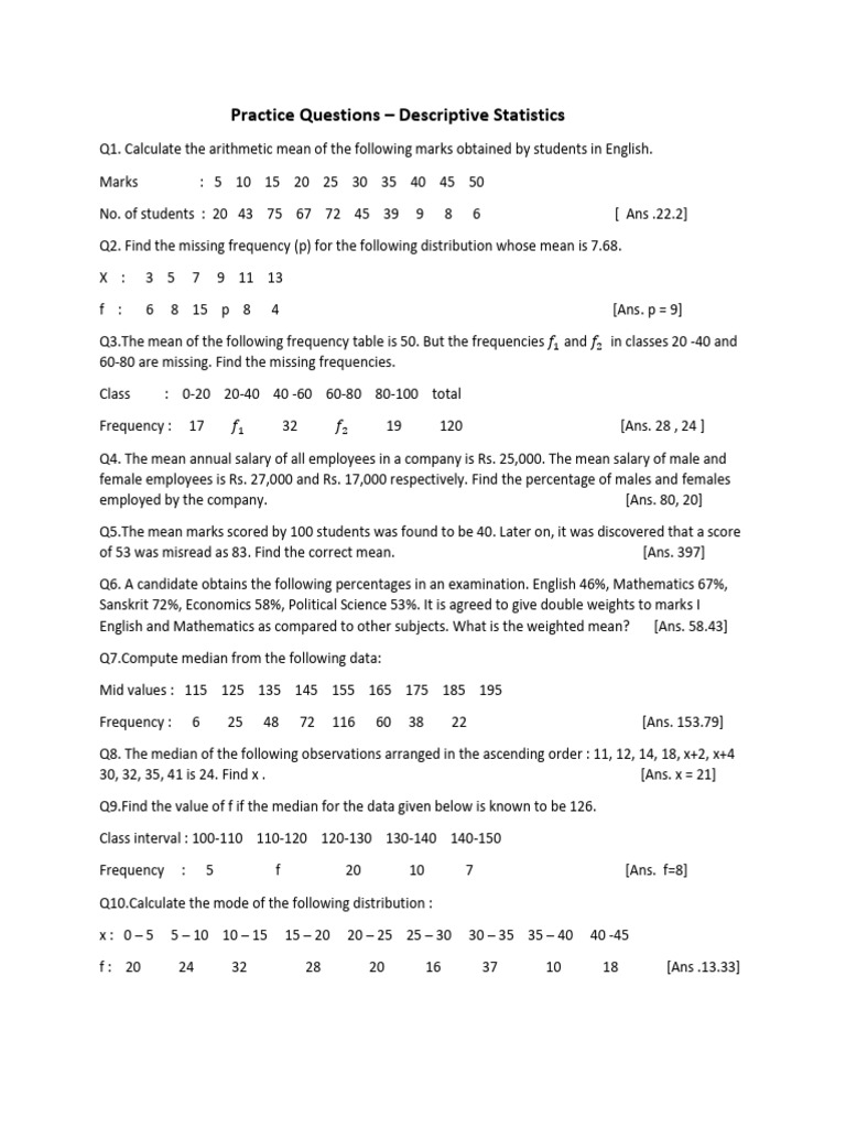 Practice Questions - Descriptive Statistics | PDF | Arithmetic Mean | Standard Deviation