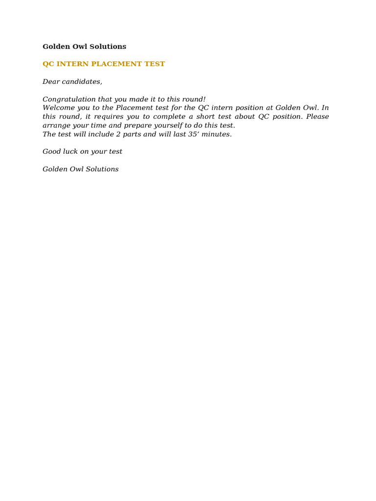 QC Intern Placement Test Guide | PDF | Software Testing | Information ...
