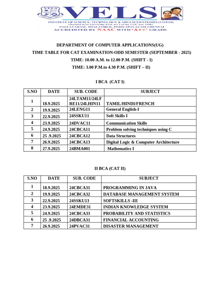 Cat Exam Timetable Sep-2025 | PDF