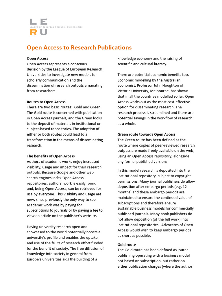 LERU Statement On Open Access To Research Publications Full Paper | PDF ...