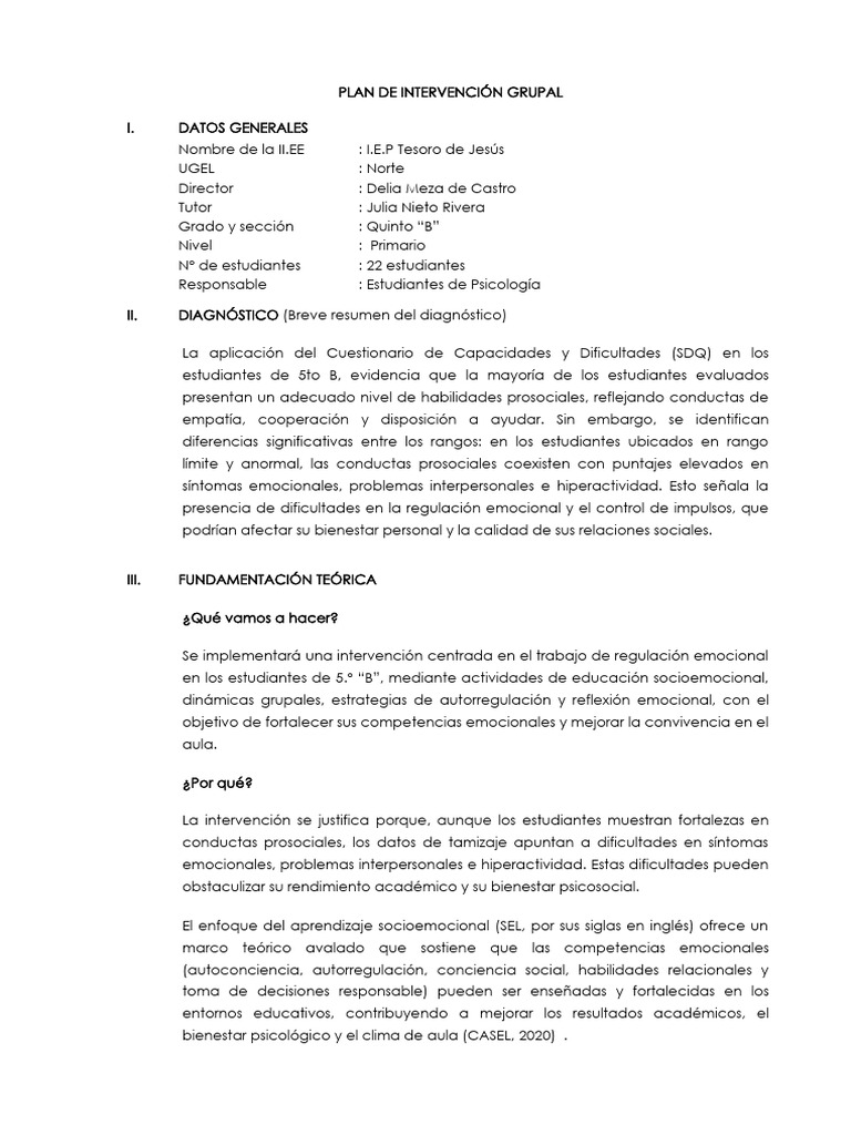 Diseño Plan de Intervencion Grupal | PDF | Autorregulación emocional ...