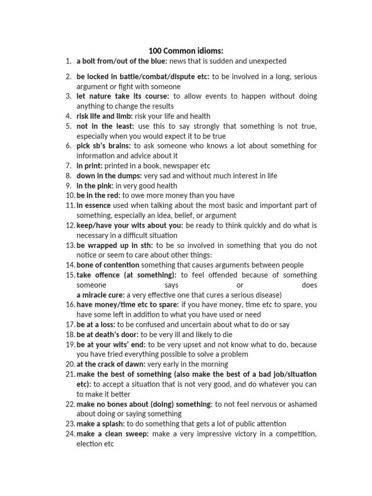 100 Common English Idioms Explained | PDF