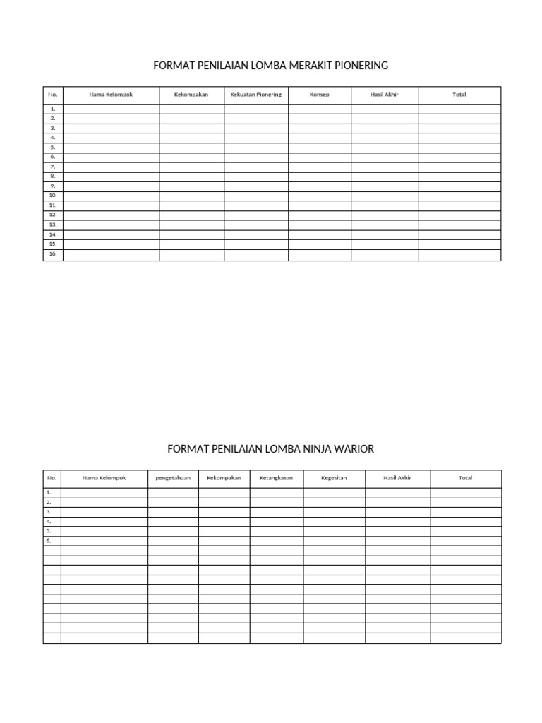 Format Penilaian Lomba Membangun Pionering | PDF