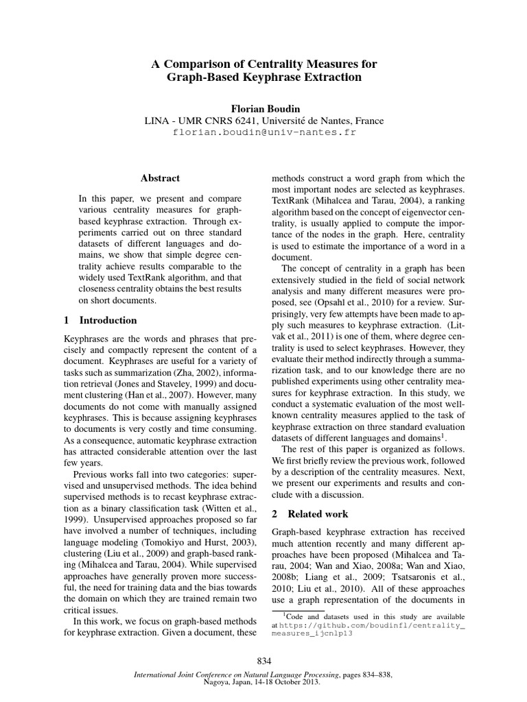 A Comparison of Centrality Measures for Graph-Based Keyphrase Extraction | PDF | Theoretical ...
