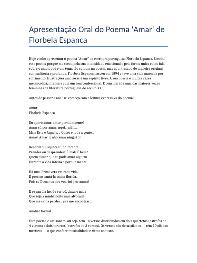 Análise do Poema "Amar" de Florbela Espanca | PDF | Amor | Poesia