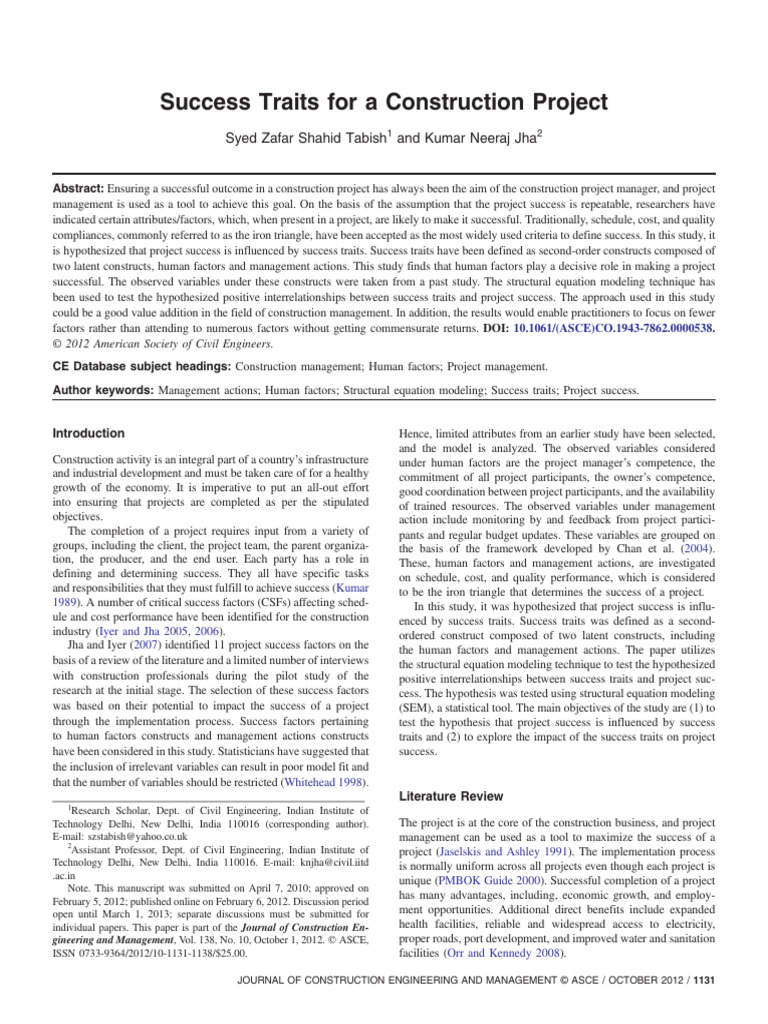 Success Traits For A Construction Project | PDF | Structural Equation ...