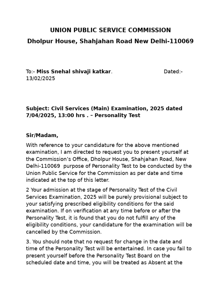 UPSC Personality Test Call Letter | PDF