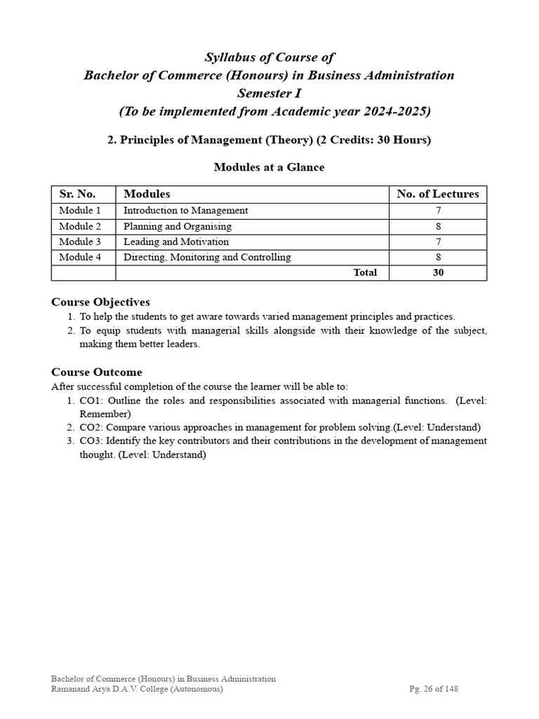 Principles of Management Syllabus 2024 | PDF | Learning | Cognition