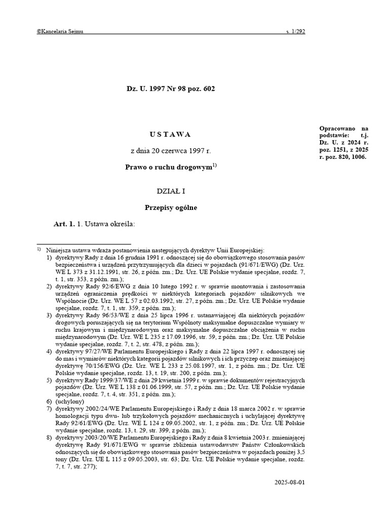 Akt Prawny - Prawo o Ruchu Drogowym D19970602Lj | PDF