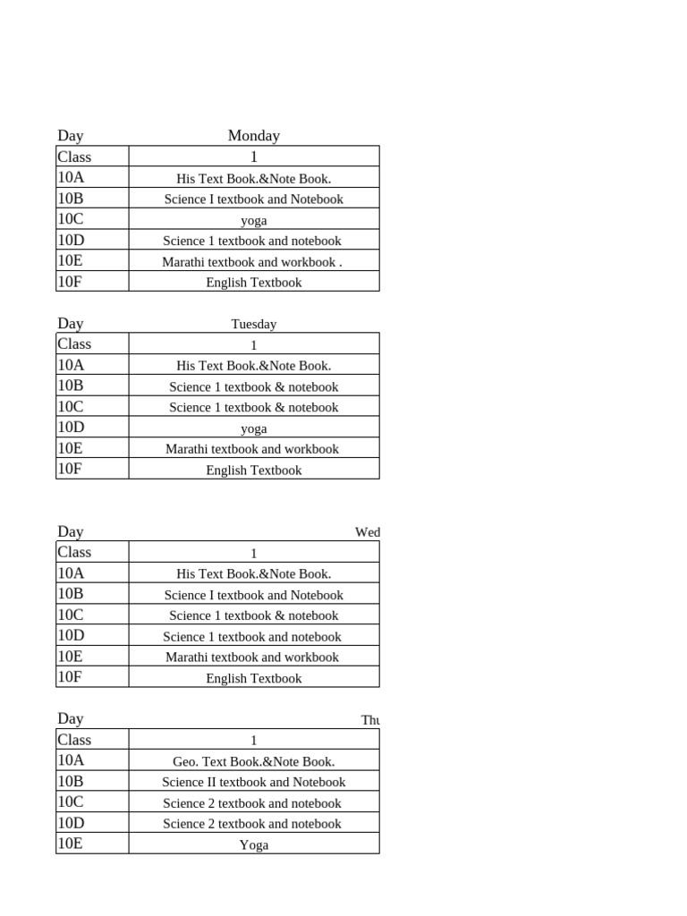 Weekly Class Schedule and Materials | PDF