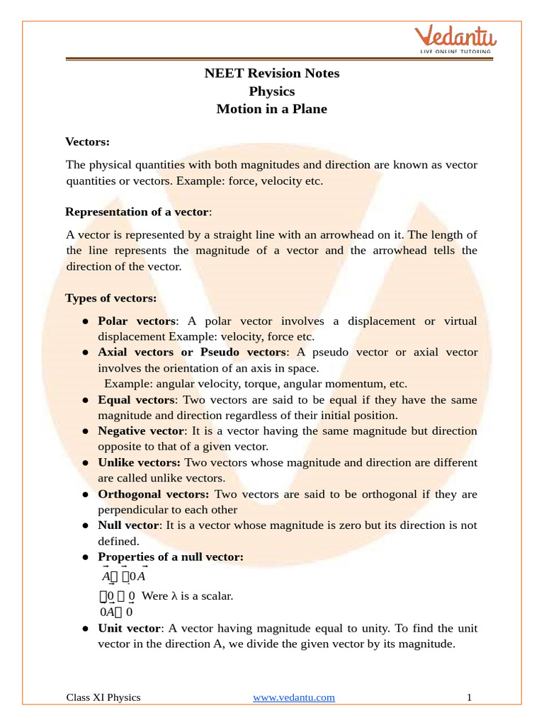 Revision Notes For Class 11 Physics Motion in A Plane For NEET | PDF ...