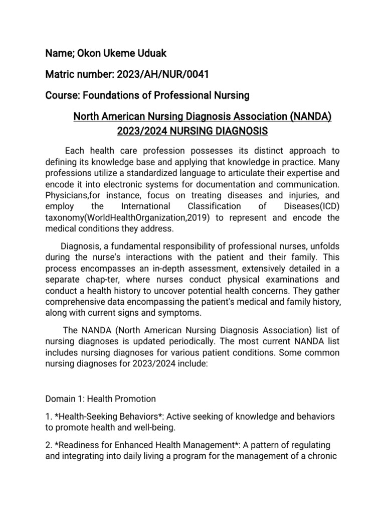 NANDA Diagnosis... 0041... Okon Ukeme Uduak | PDF | Fear | Medical ...