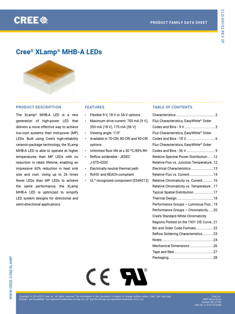 Cree XLamp MHB-A LED Data Sheet | PDF | Light Emitting Diode | Electricity
