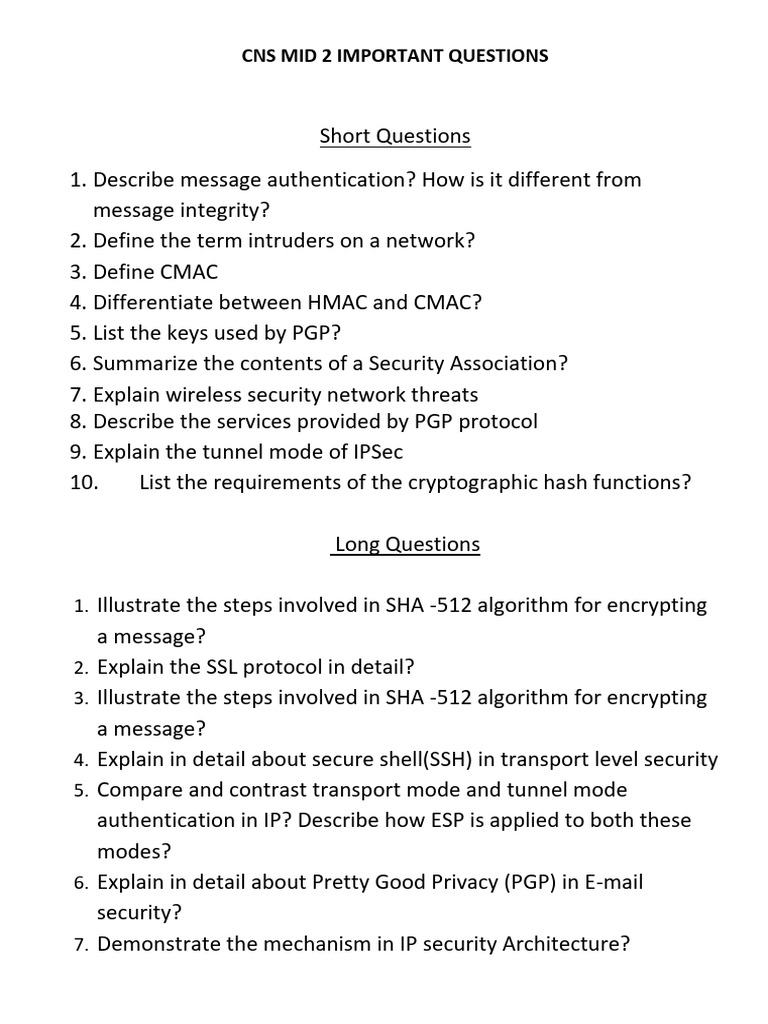 CNS II Mid Important Questions | PDF | Transport Layer Security | Public Key Cryptography
