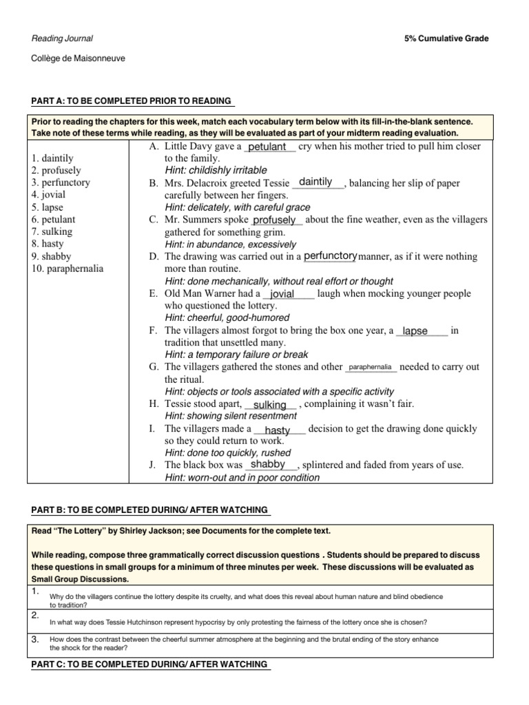 Vocabulary and Discussion Guide for "The Lottery" | PDF